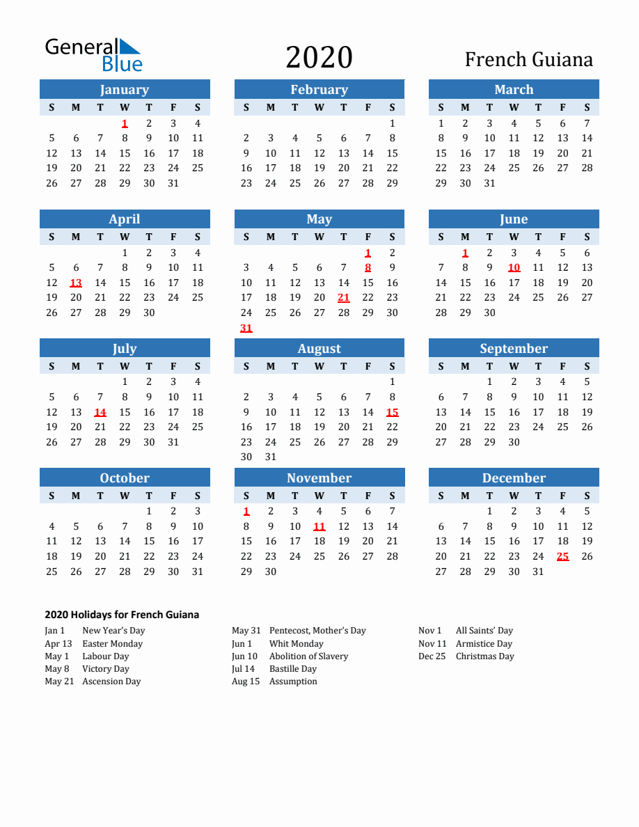2020 Printable Calendar with French Guiana Holidays
