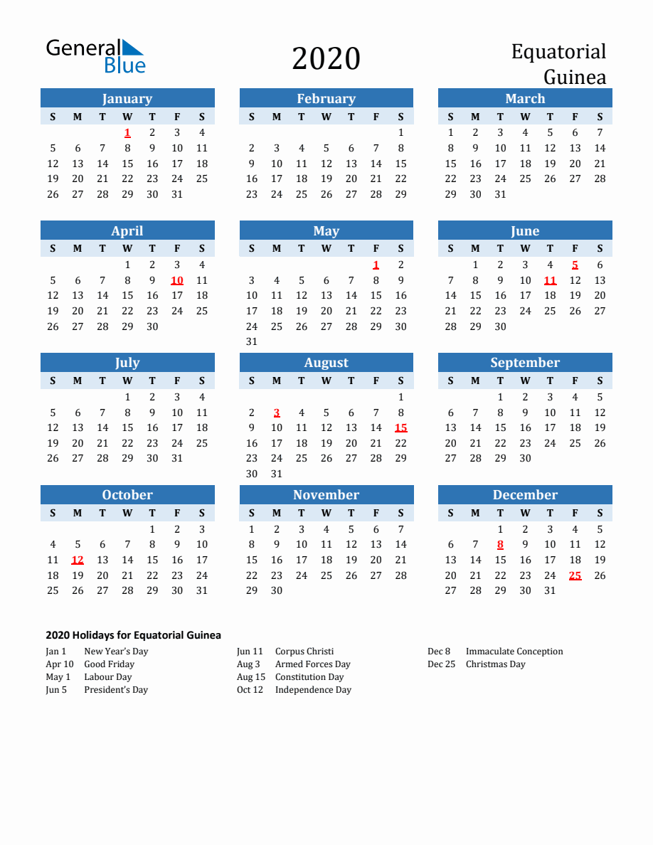 2020 Printable Calendar with Equatorial Guinea Holidays