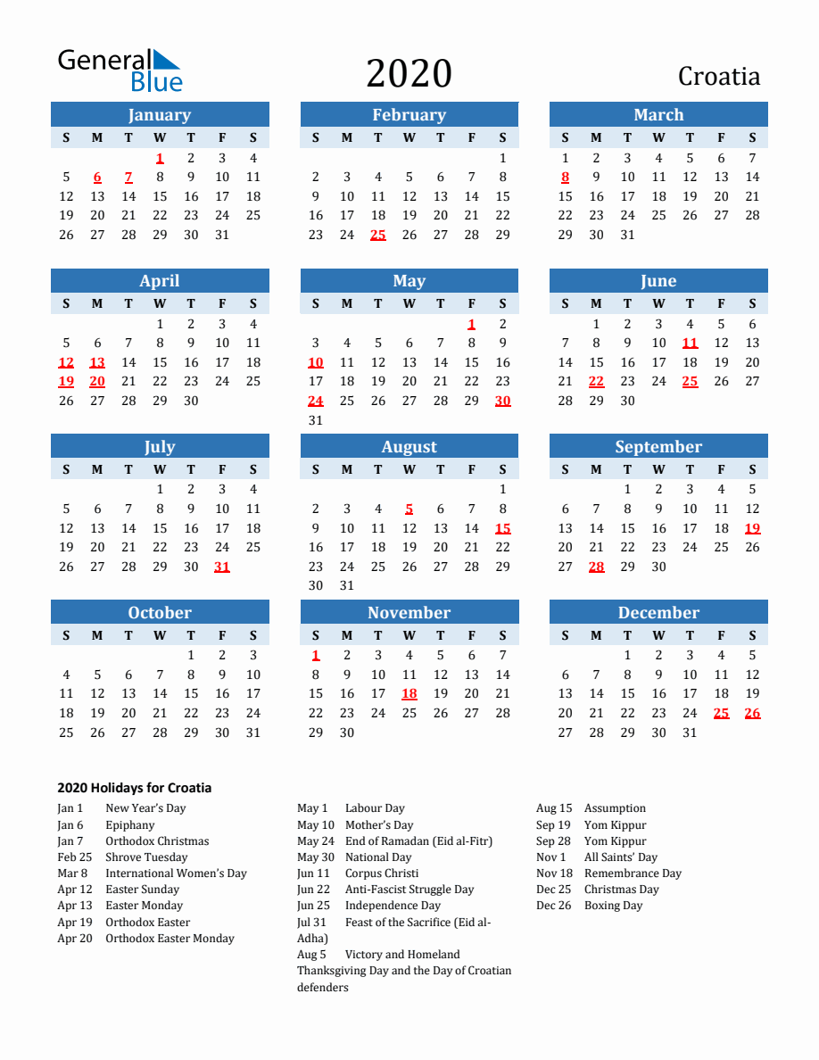 2020 Printable Calendar with Croatia Holidays