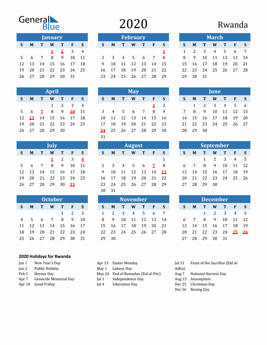 2020 Printable Calendar with Rwanda Holidays