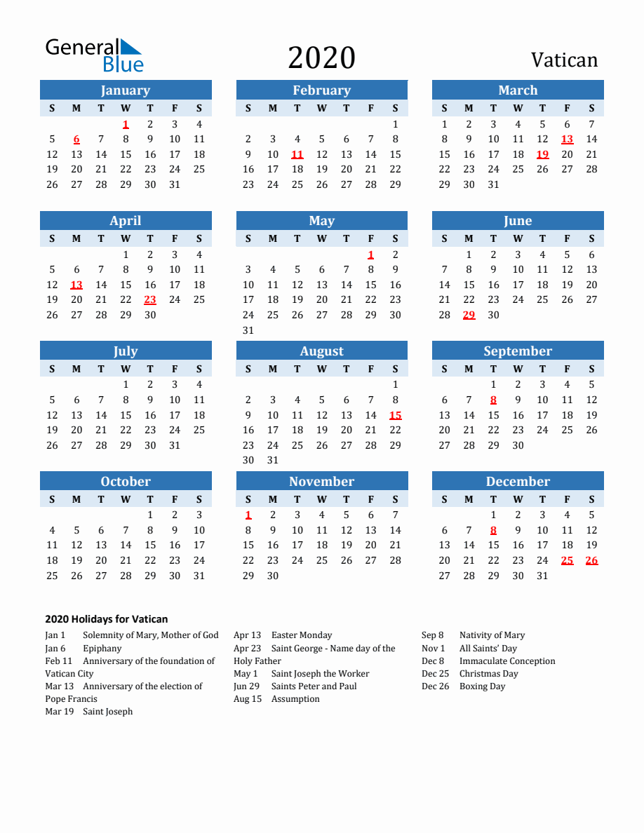 2020 Printable Calendar with Vatican Holidays