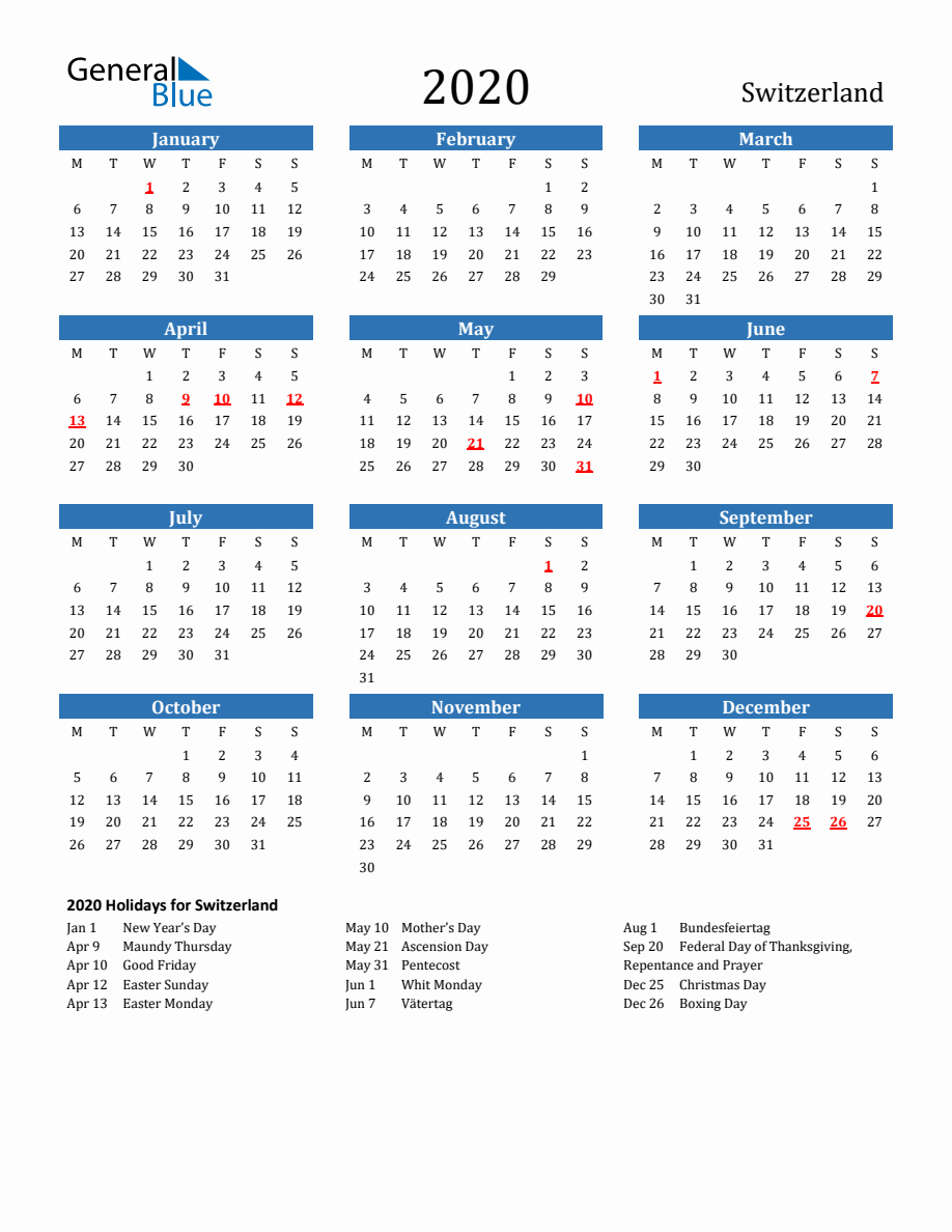 Switzerland 2020 Calendar with Holidays - Monday Start