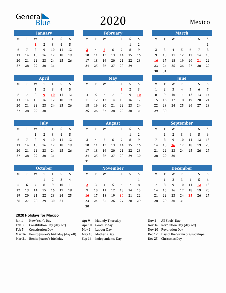 Mexico 2020 Calendar with Holidays - Monday Start