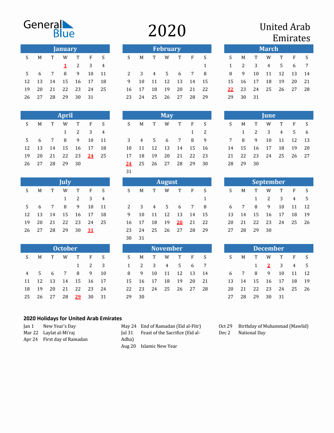 2020 United Arab Emirates Calendar with Holidays