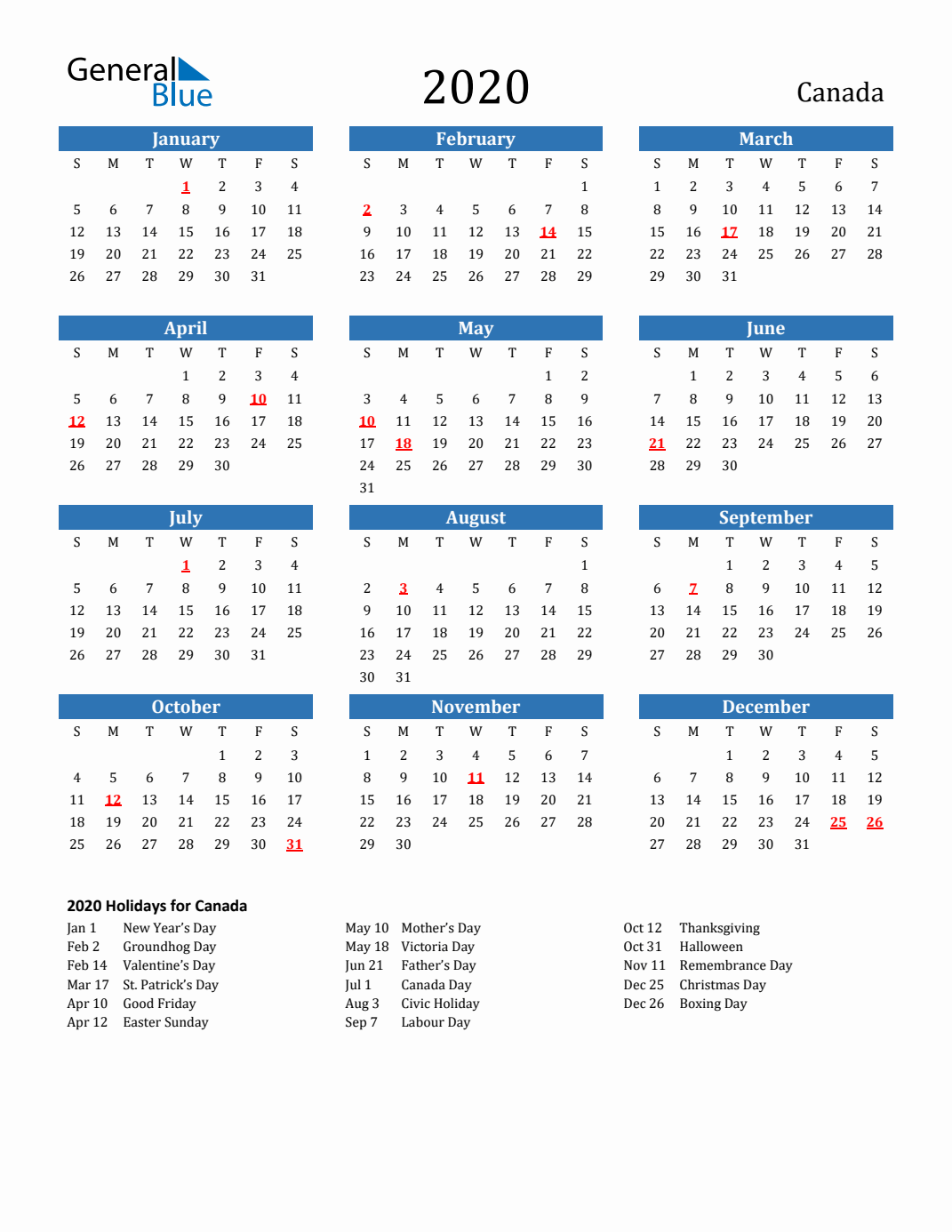 2020 Canada Calendar with Holidays