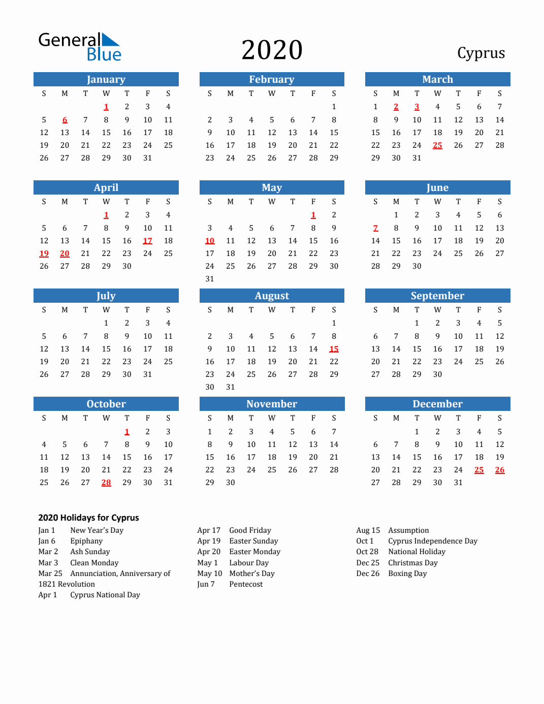 2020 Cyprus Calendar with Holidays