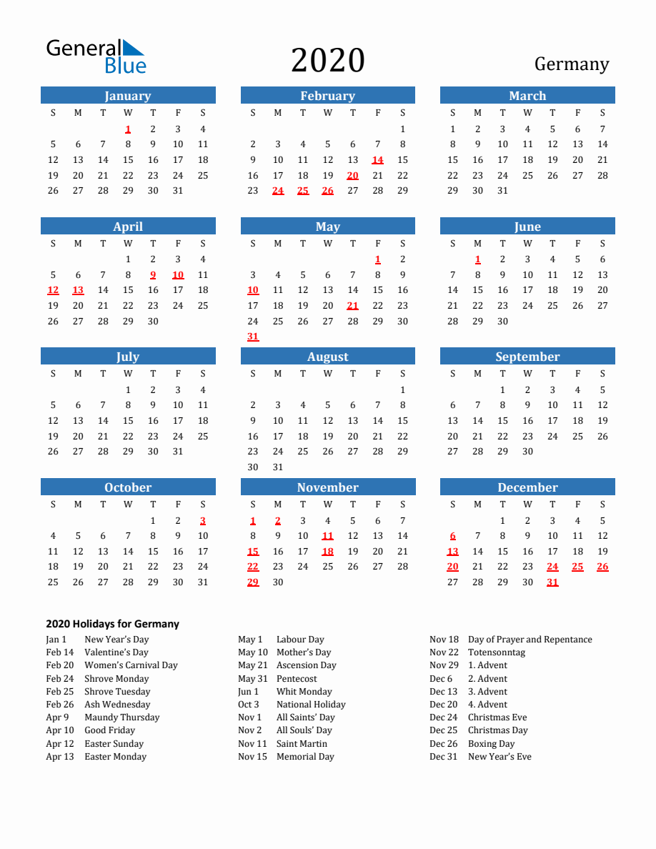 Germany 2020 Calendar with Holidays