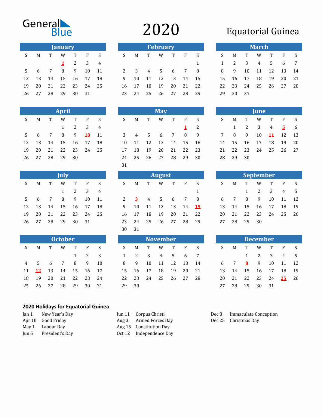 2020 Equatorial Guinea Calendar with Holidays