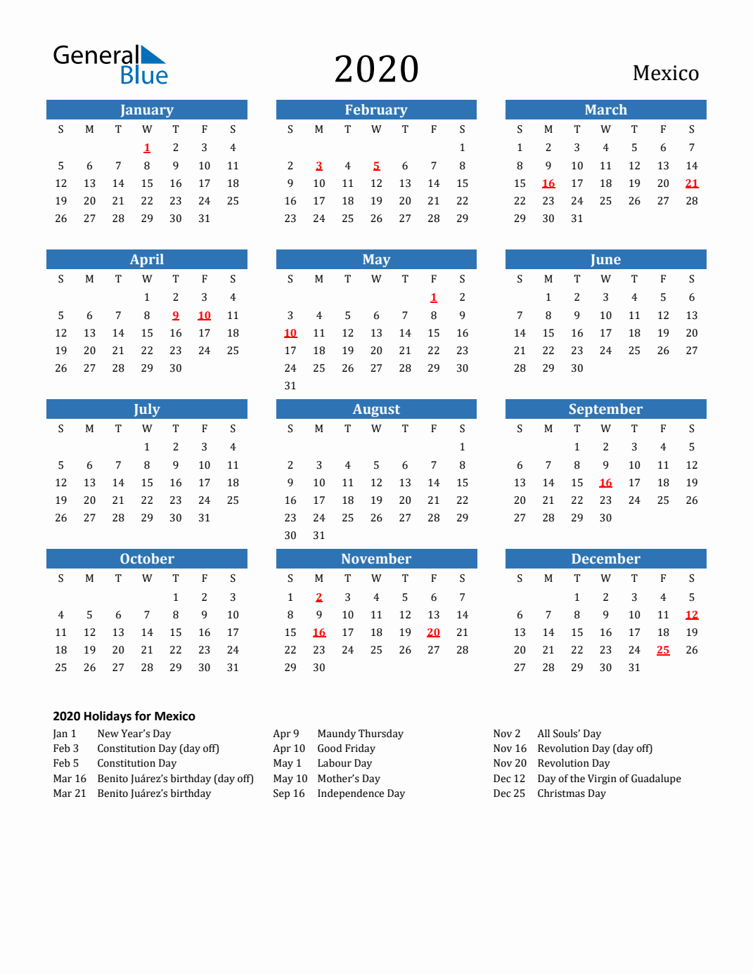 2020 Mexico Calendar with Holidays