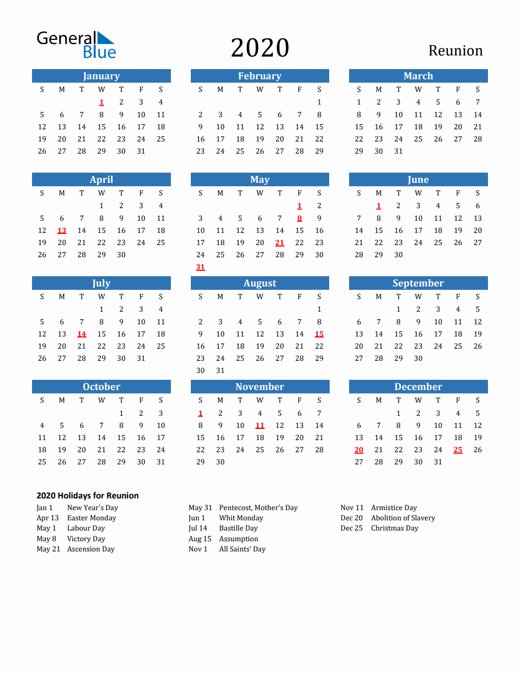 2020 Reunion Calendar with Holidays