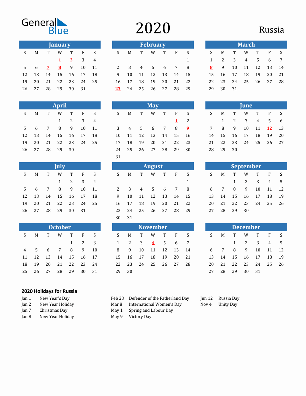 2020 Russia Calendar with Holidays