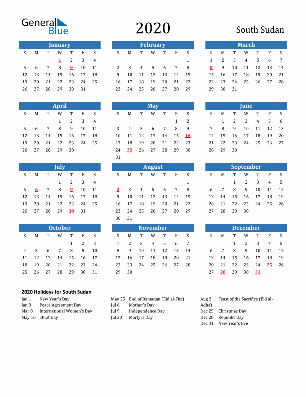2020 South Sudan Calendar with Holidays