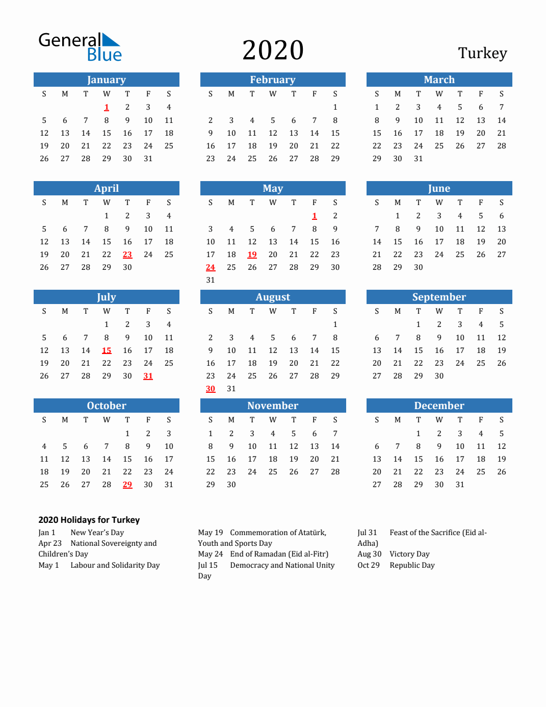2020 Turkey Calendar with Holidays