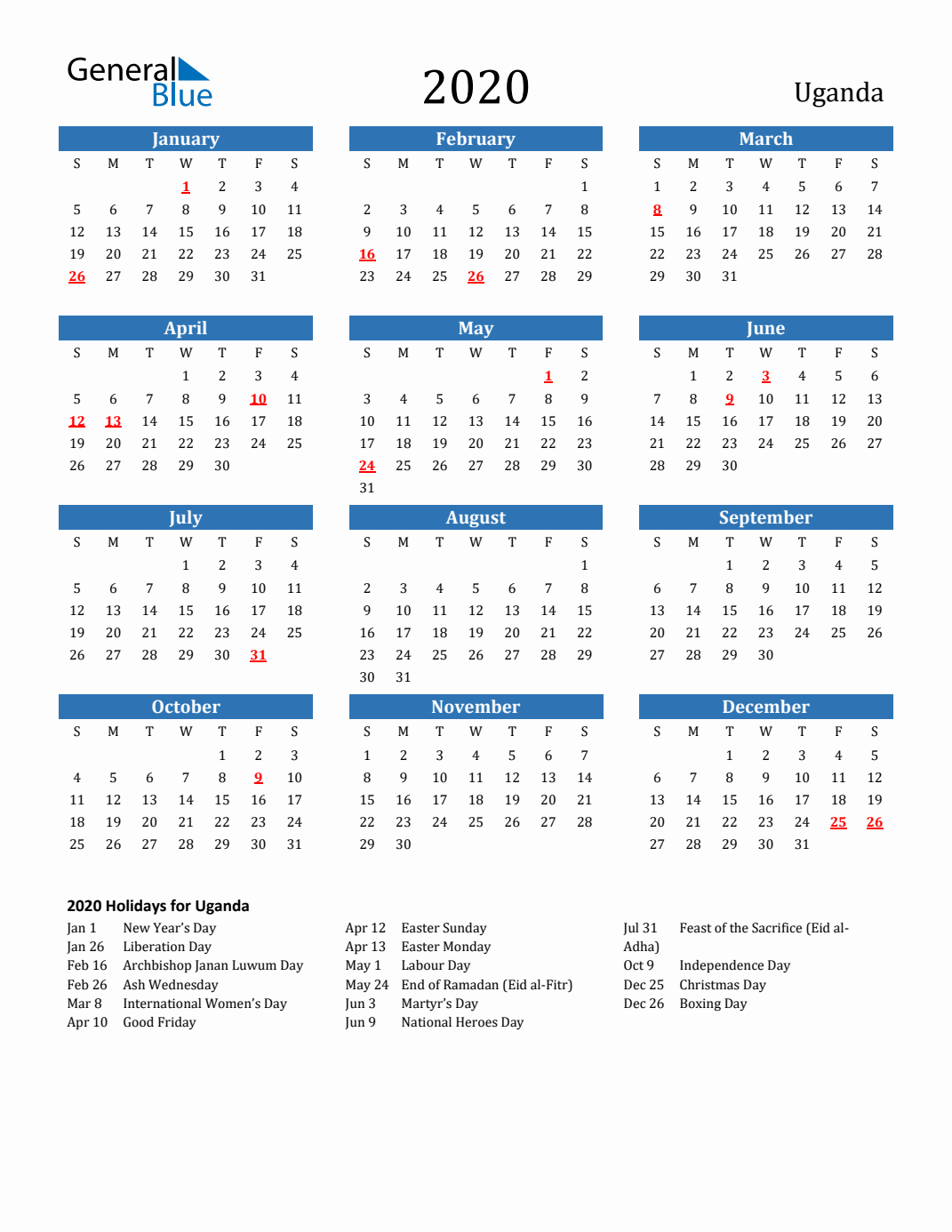 2020 Uganda Calendar with Holidays