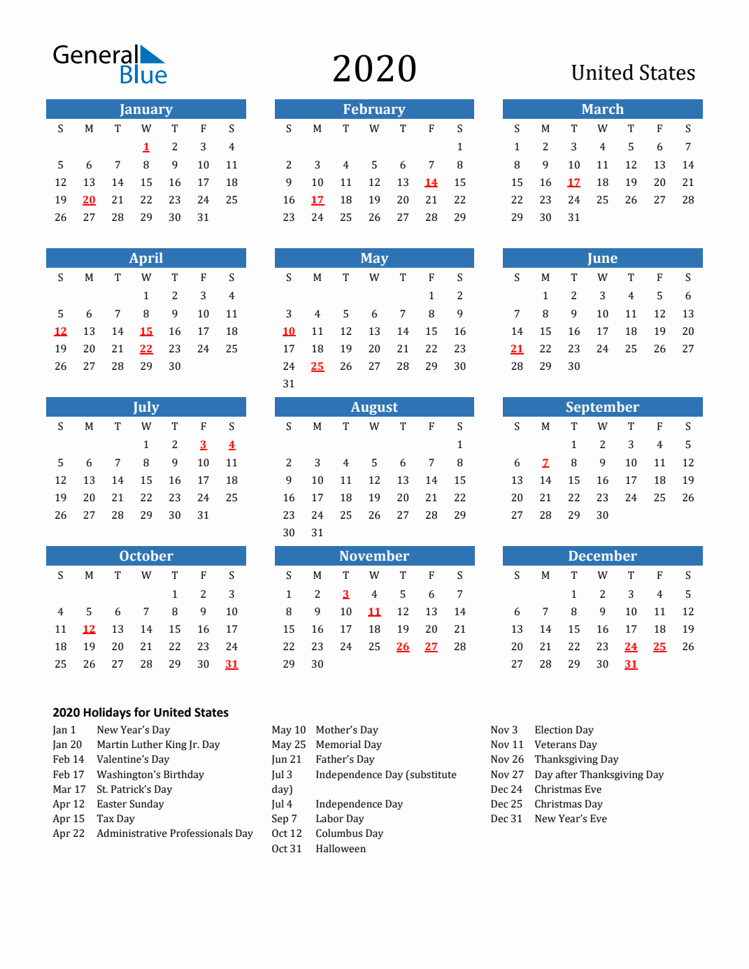 2020 United States Calendar with Holidays