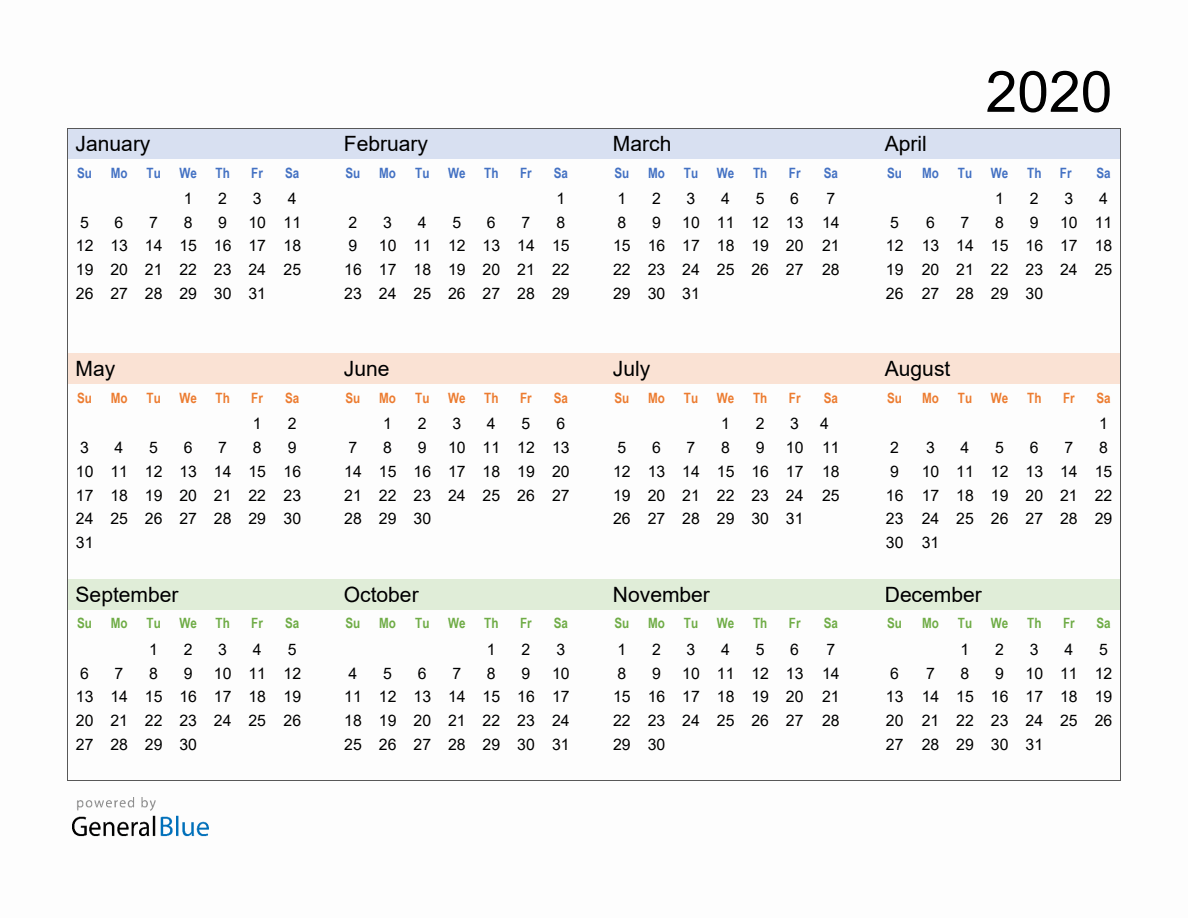 Free Downloadable 2020 Yearly Calendar Template