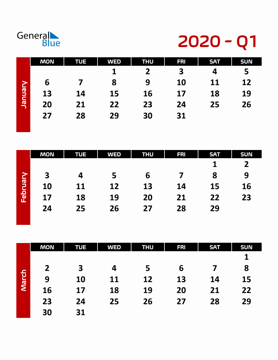 Editable Quarterly Calendar Template in PDF, Word, and Excel (Q1 of ...
