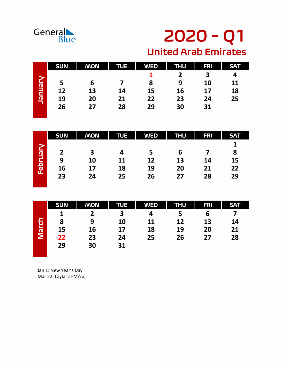 Q1 2020 Calendar with Holidays for United Arab Emirates
