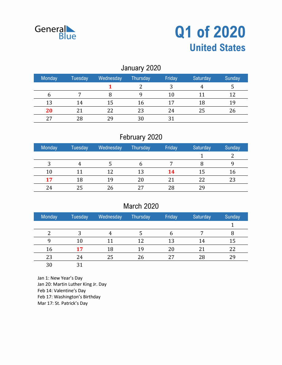 United States Quarterly Calendar (Quarter 1 of 2020) - Monday Start