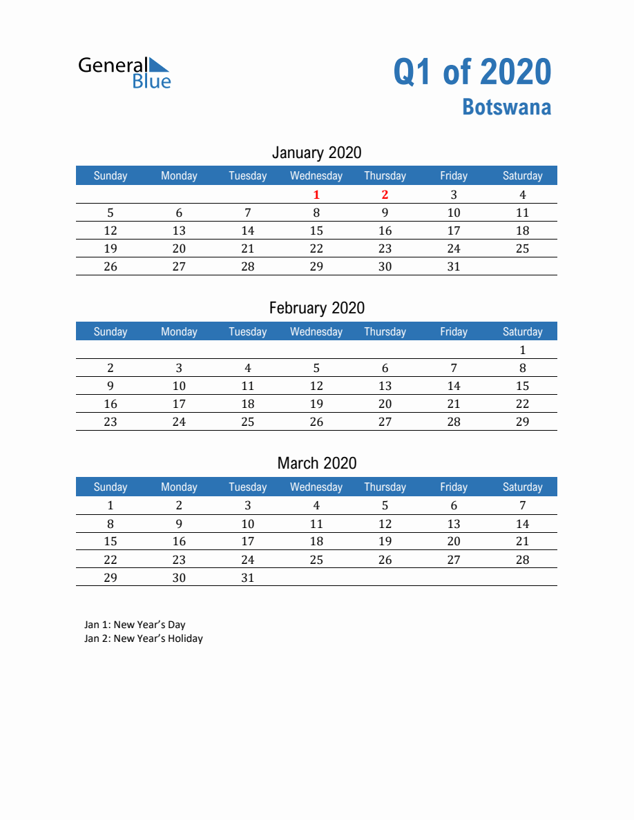Botswana 2020 Quarterly Calendar with Sunday Start
