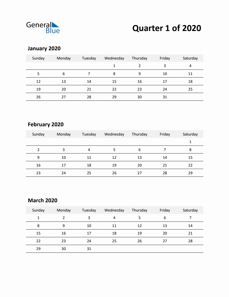 2020 Q1 Three-Month Calendar (January, February, and March)