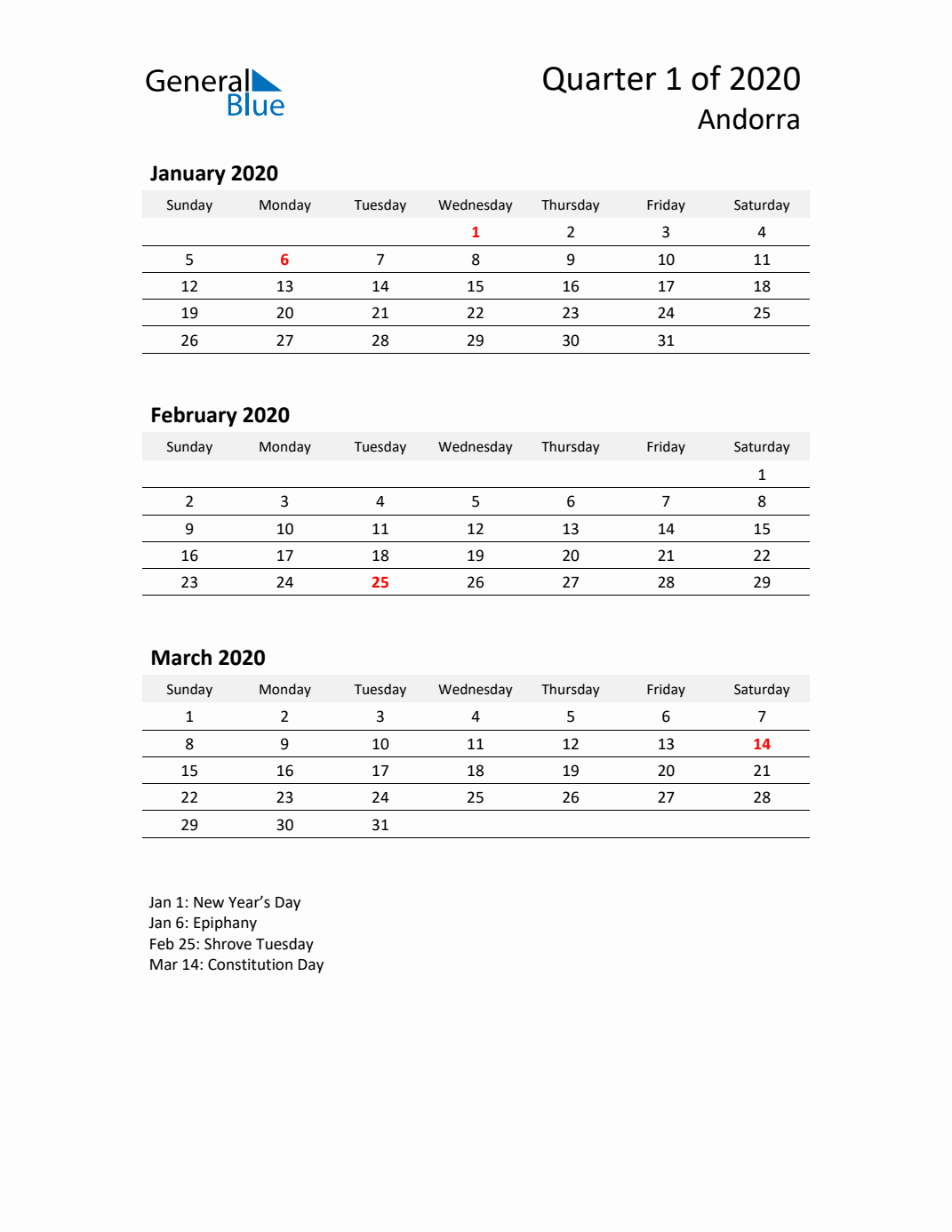 Q1 2020 Quarterly Calendar with Andorra Holidays (PDF, Excel, Word)