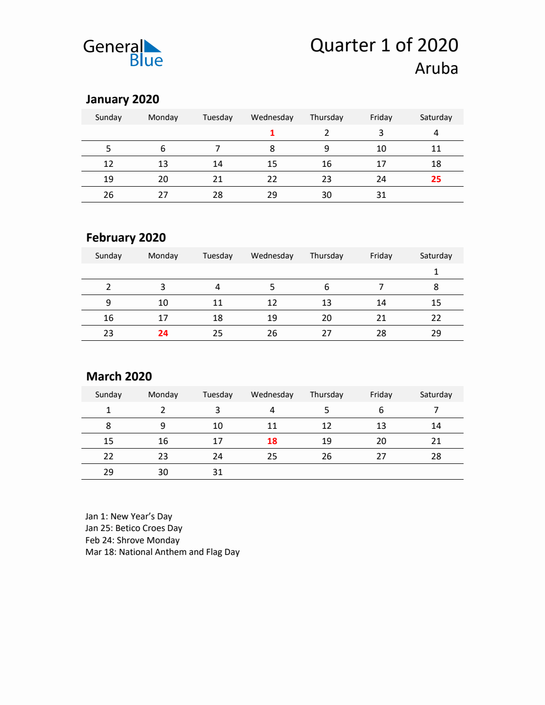 Q1 2020 Quarterly Calendar with Aruba Holidays (PDF, Excel, Word)