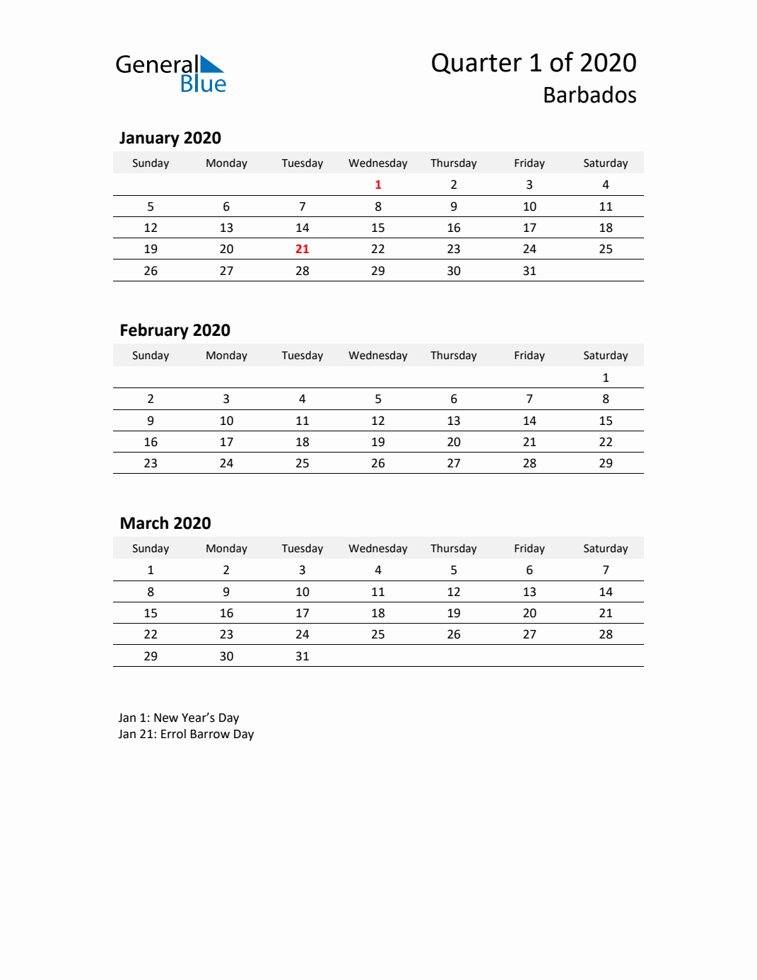 Q1 2020 Quarterly Calendar with Barbados Holidays (PDF, Excel, Word)