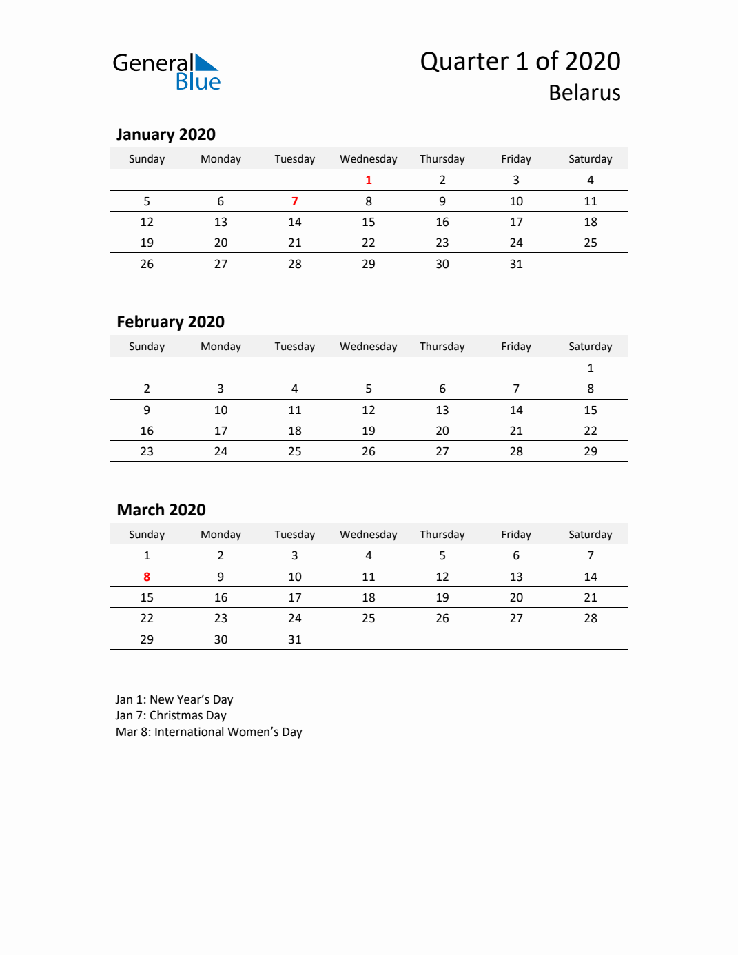 Q1 2020 Quarterly Calendar with Belarus Holidays (PDF, Excel, Word)