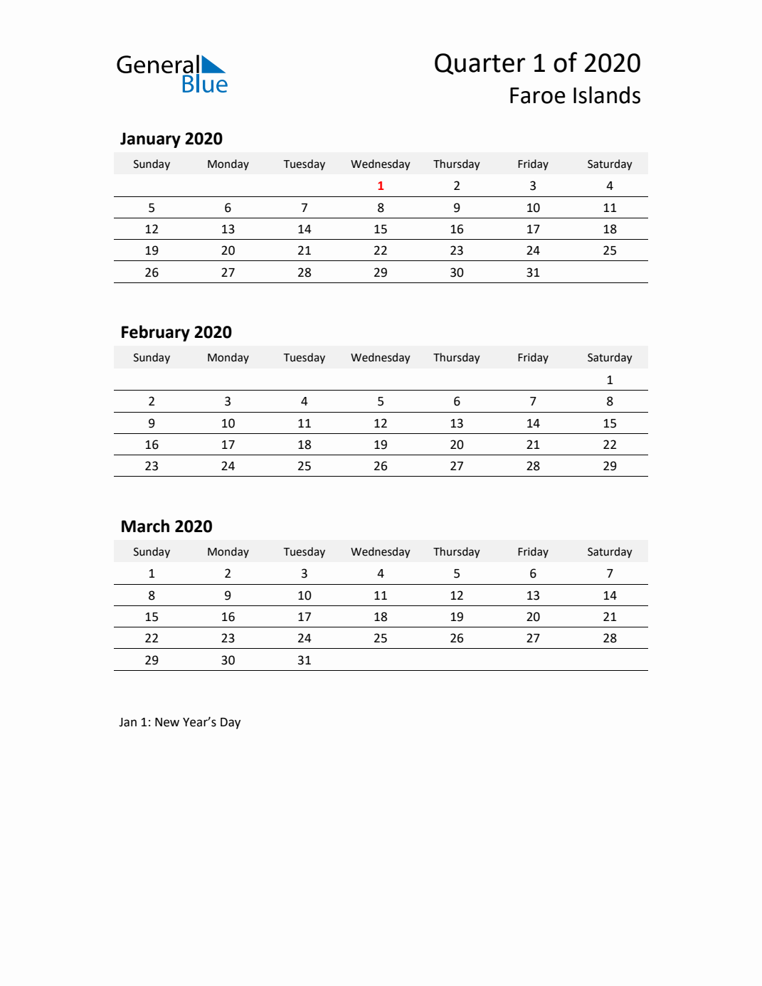 Q1 2020 Quarterly Calendar with Faroe Islands Holidays (PDF, Excel, Word)