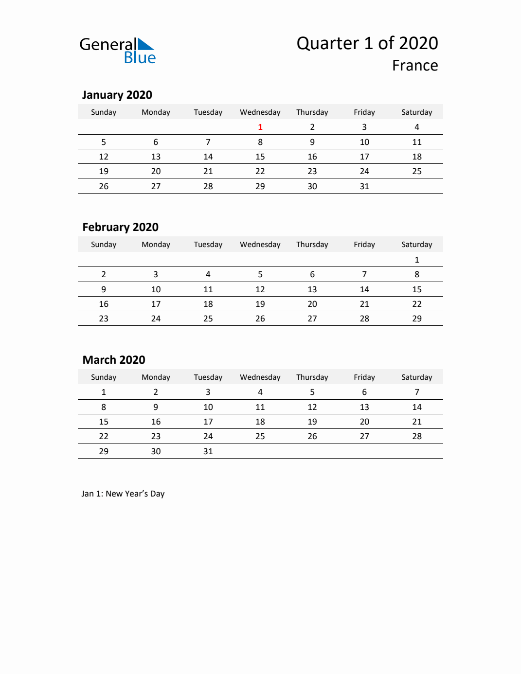 Q1 2020 Quarterly Calendar with France Holidays (PDF, Excel, Word)