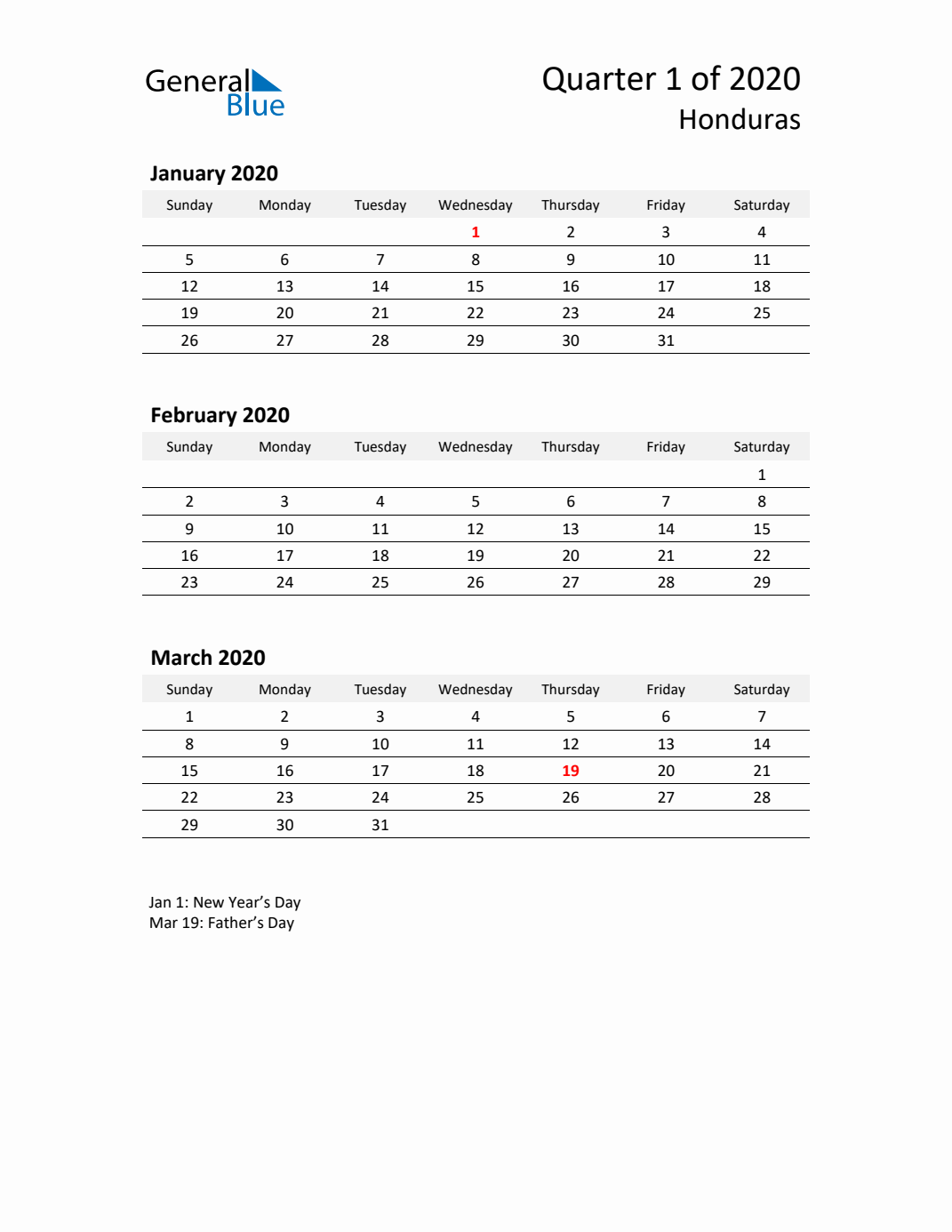 Q1 2020 Quarterly Calendar with Honduras Holidays (PDF, Excel, Word)