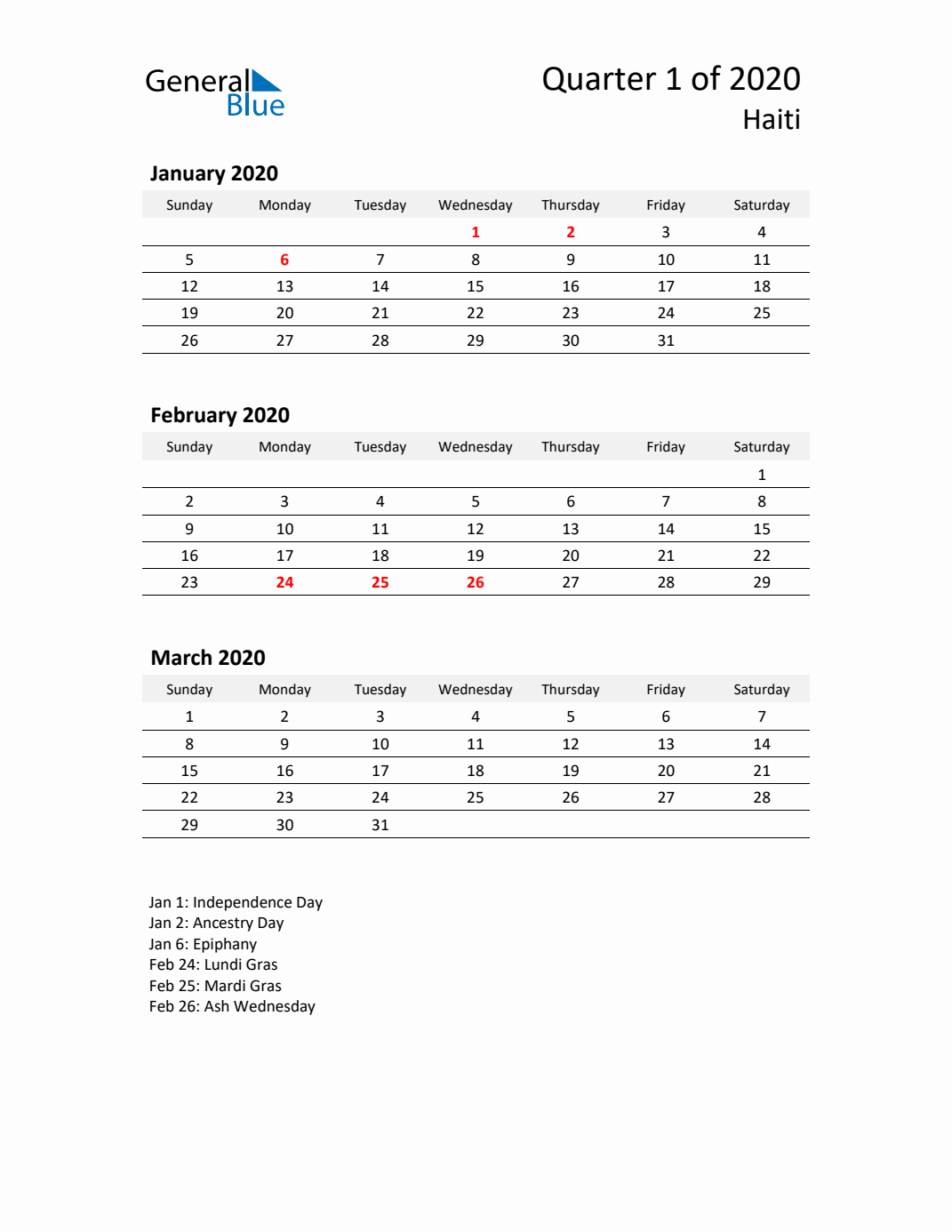 Q1 2020 Quarterly Calendar with Haiti Holidays (PDF, Excel, Word)