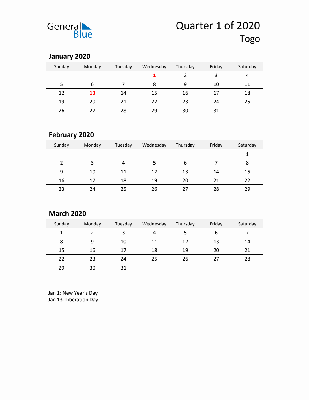 Q1 2020 Quarterly Calendar with Togo Holidays (PDF, Excel, Word)