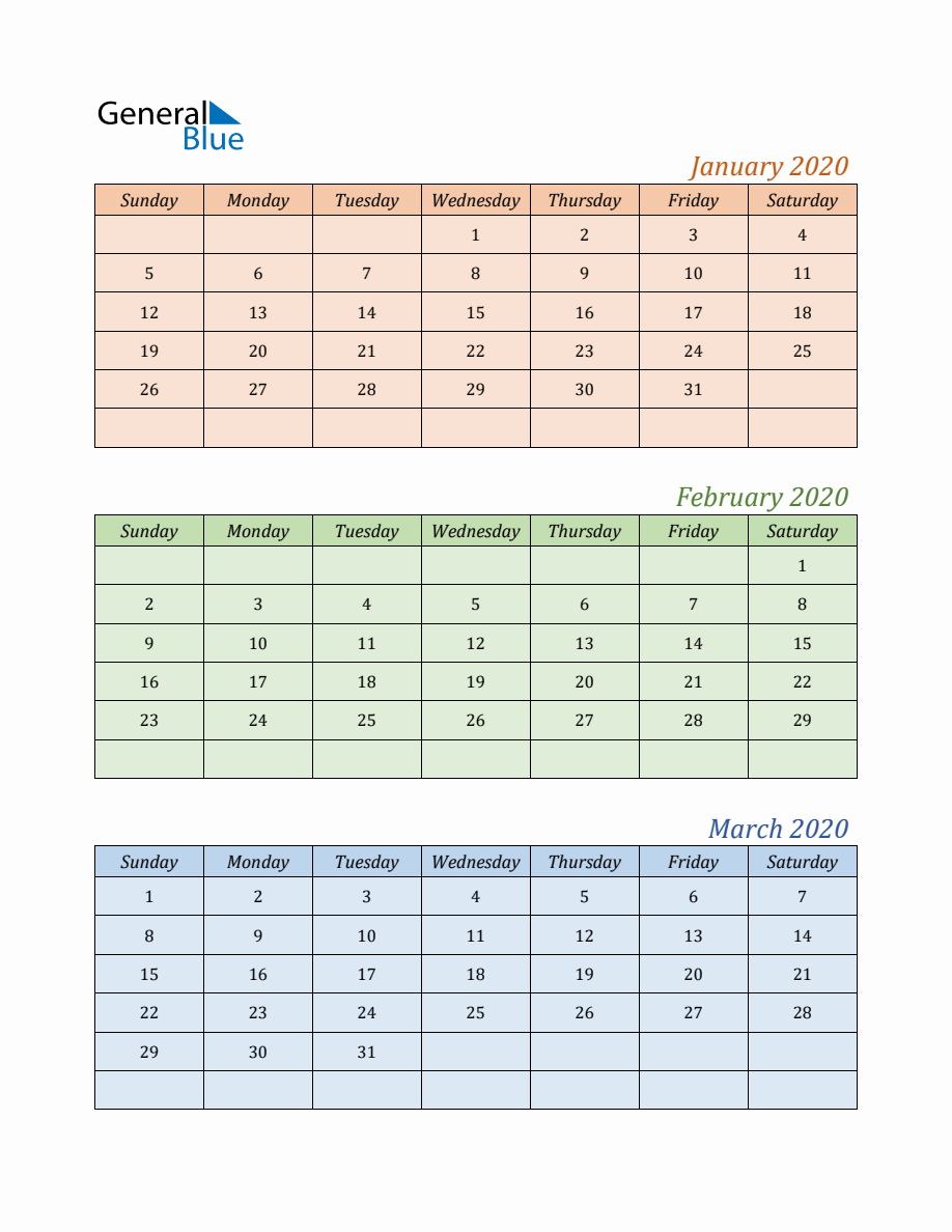 Three-Month Calendar for Year 2020 (January, February, and March)