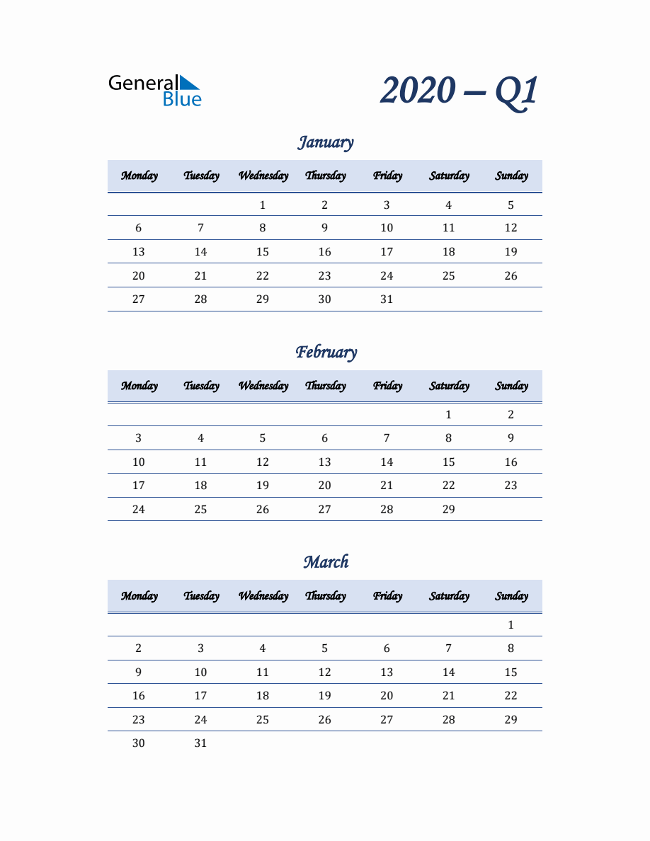 Quarterly Calendar for Quarter 1 2020 in PDF, Word, Excel - Monday Start