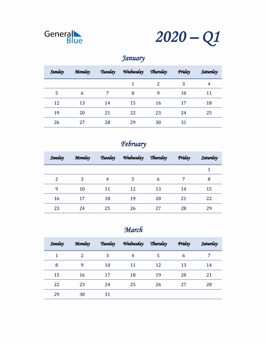 Quarterly Calendar for Quarter 1 2020 in PDF, Word, Excel