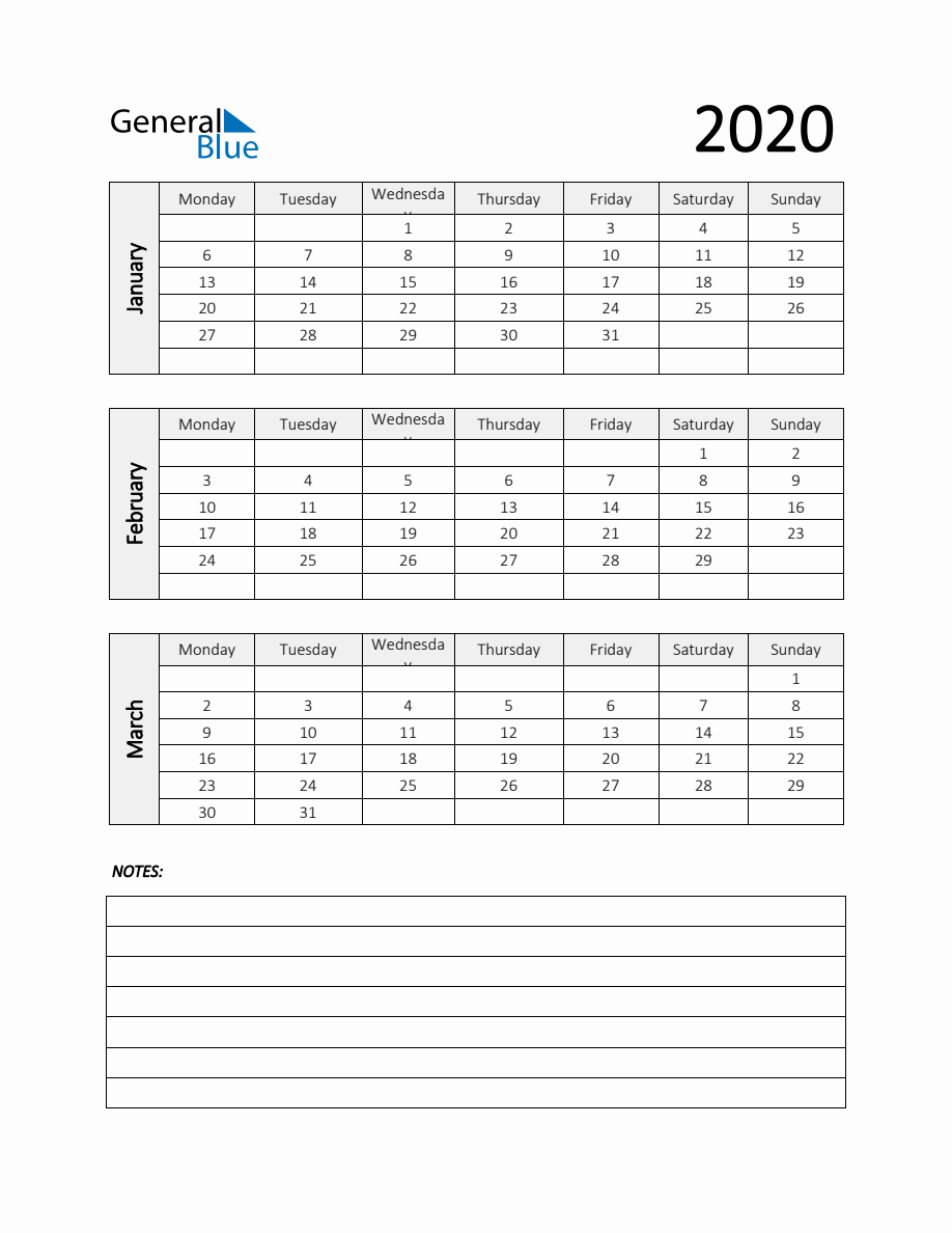 Q1 2020 Calendar Template with Notes in PDF, Word, and Excel - Monday Start
