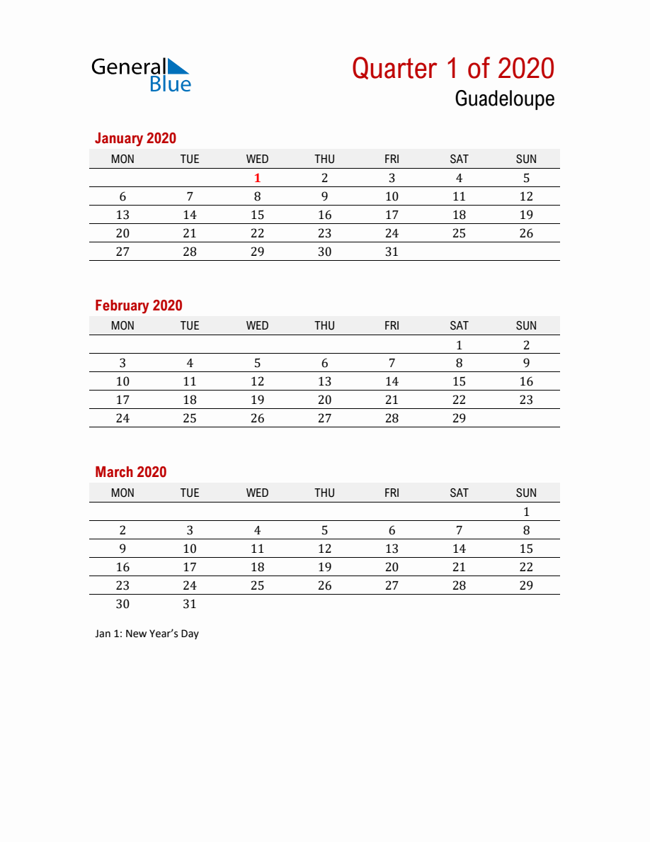 Printable Three Month Calendar with Guadeloupe Holidays (Q1 2020 ...