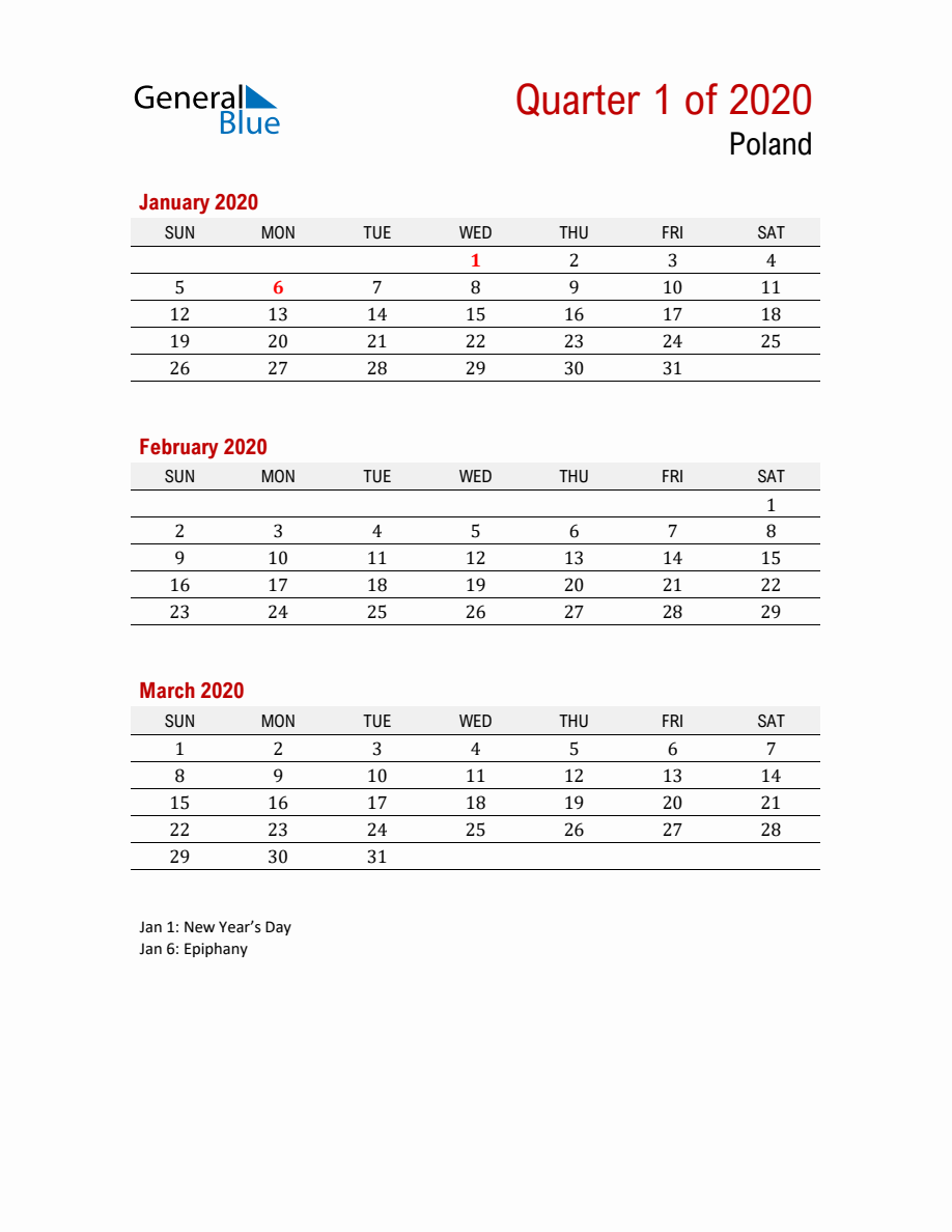 Printable Three Month Calendar with Poland Holidays (Q1 2020)