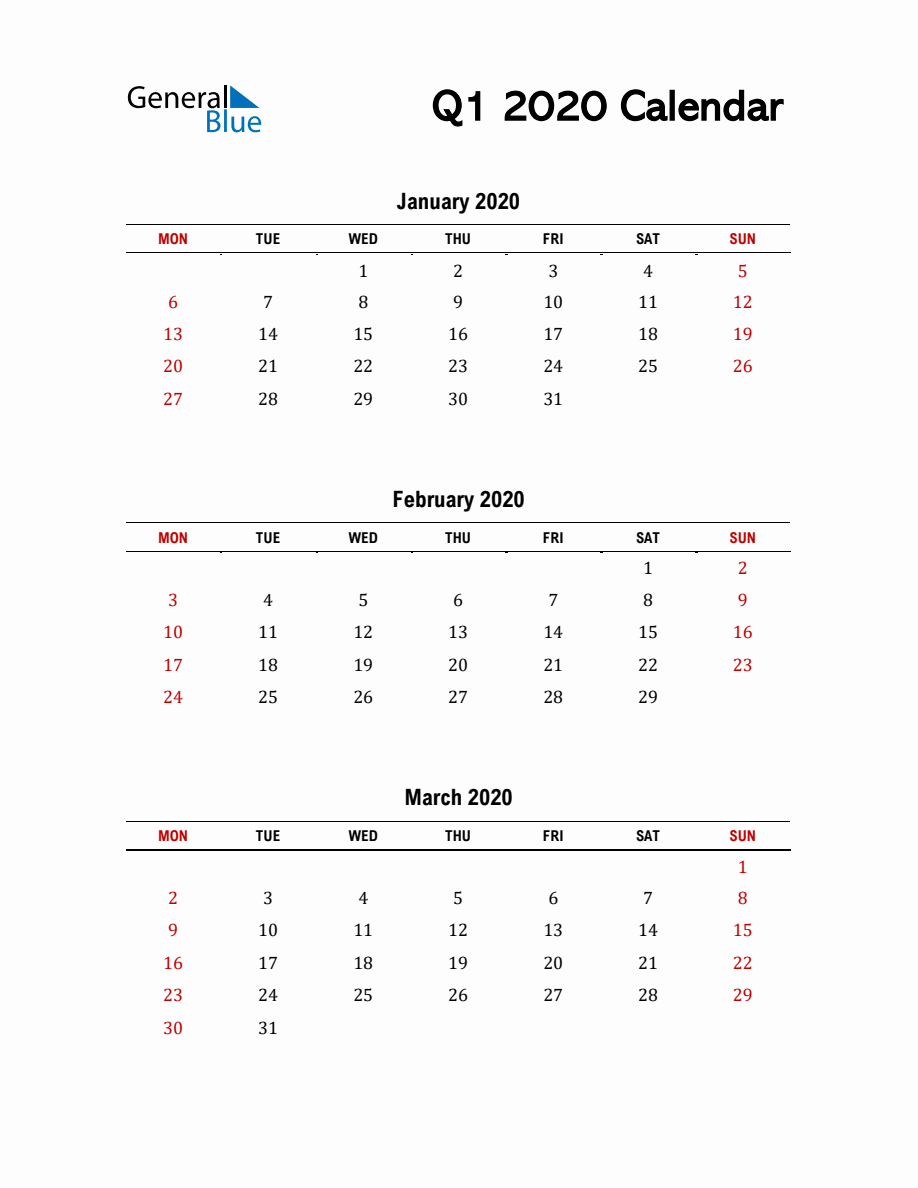 Q1 2020 Calendar Template in PDF, Excel, and Word