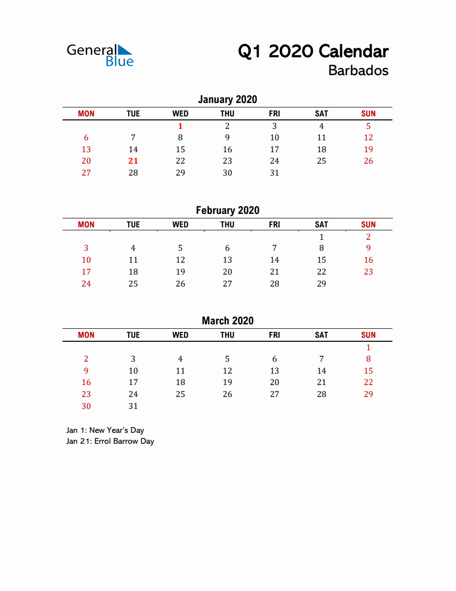2020 Q1 Calendar with Holidays List for Barbados