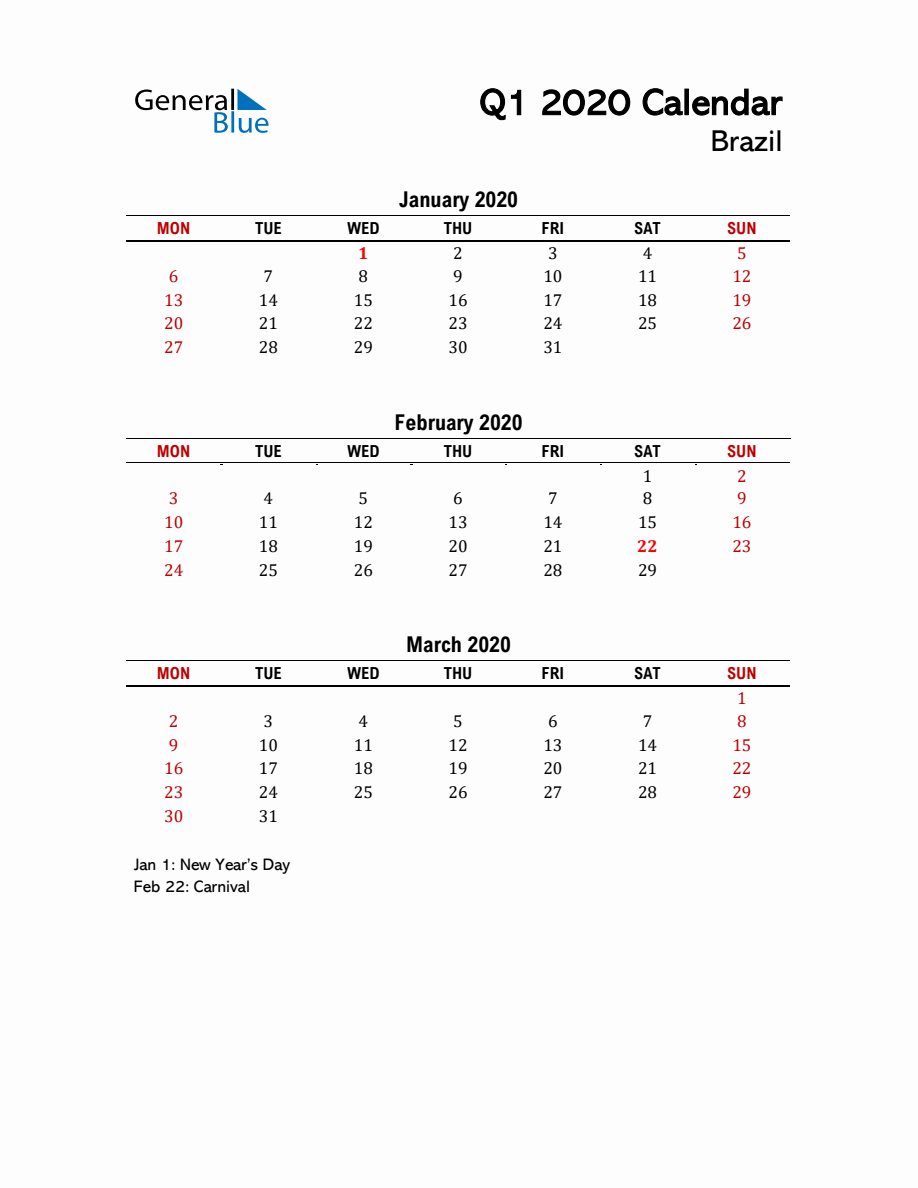 2020 Q1 Calendar with Holidays List for Brazil - Monday Start