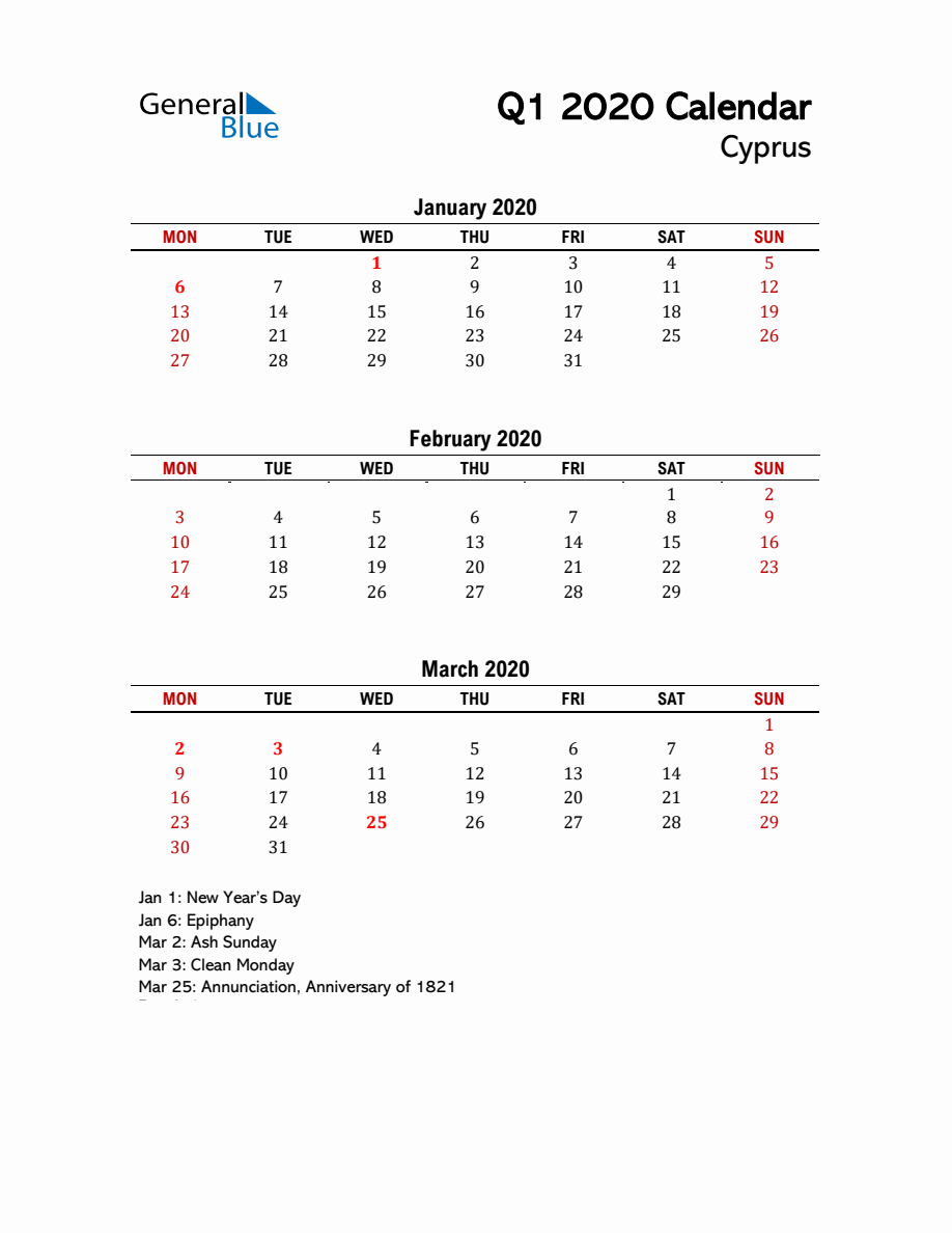 2020 Q1 Calendar with Holidays List for Cyprus
