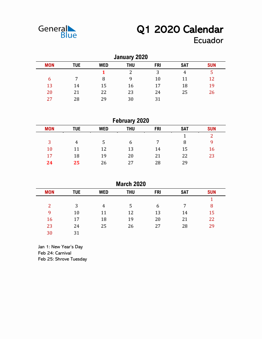2020 Q1 Calendar with Holidays List for Ecuador