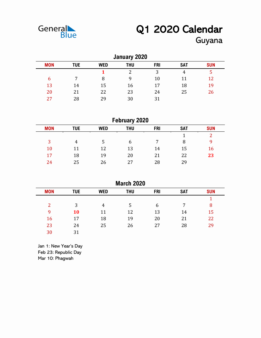 2020 Q1 Calendar with Holidays List for Guyana - Monday Start