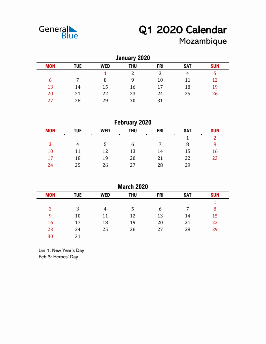 2020 Q1 Calendar with Holidays List for Mozambique