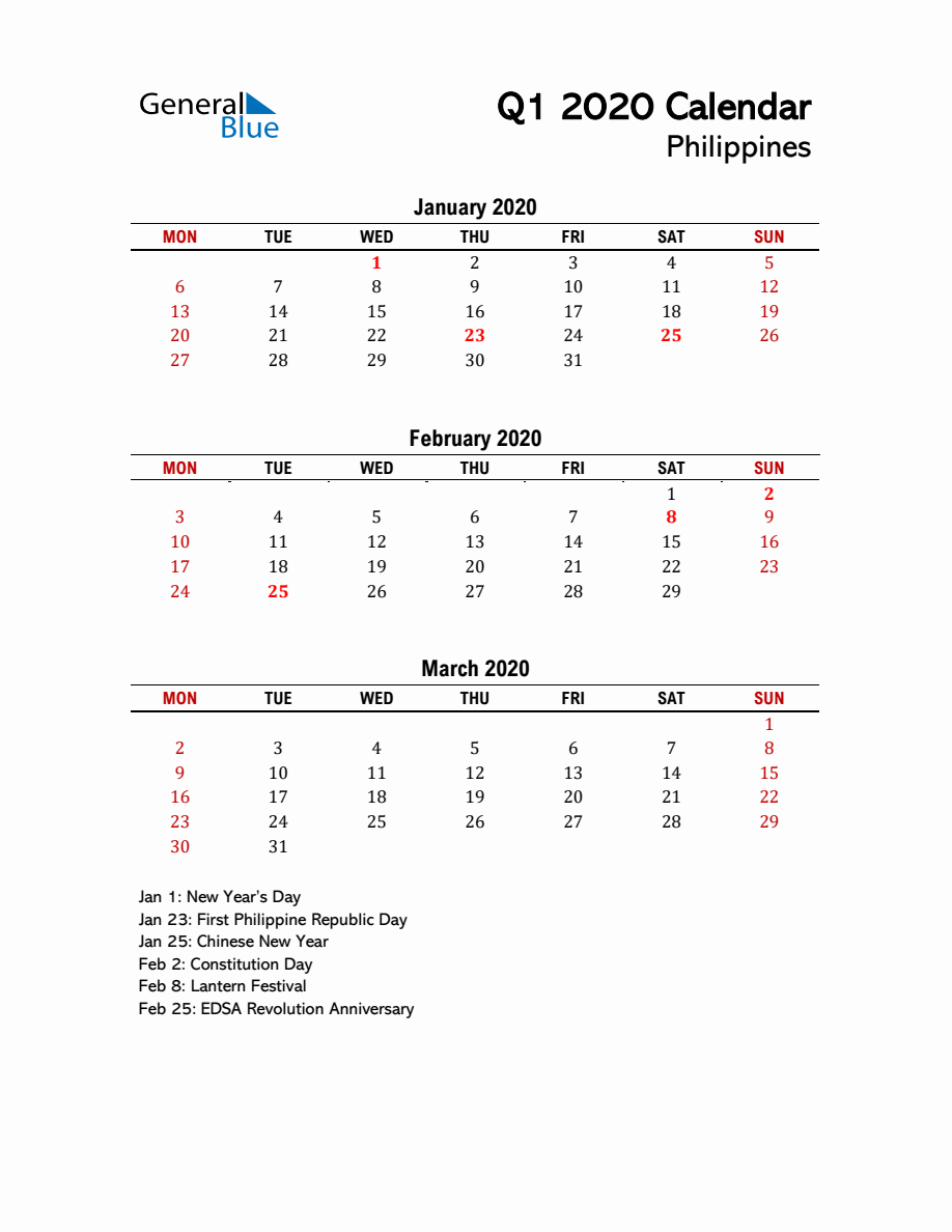 2020 Q1 Calendar with Holidays List for Philippines - Monday Start