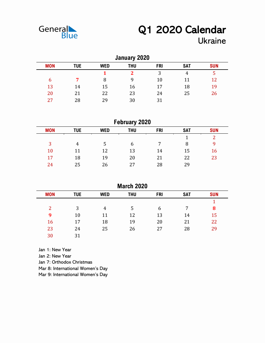 2020 Q1 Calendar with Holidays List for Ukraine