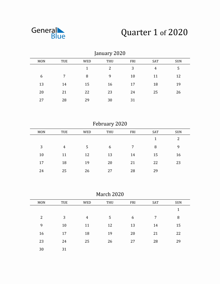 Three-Month Calendar Template (Quarter 1 2020) - Monday Start
